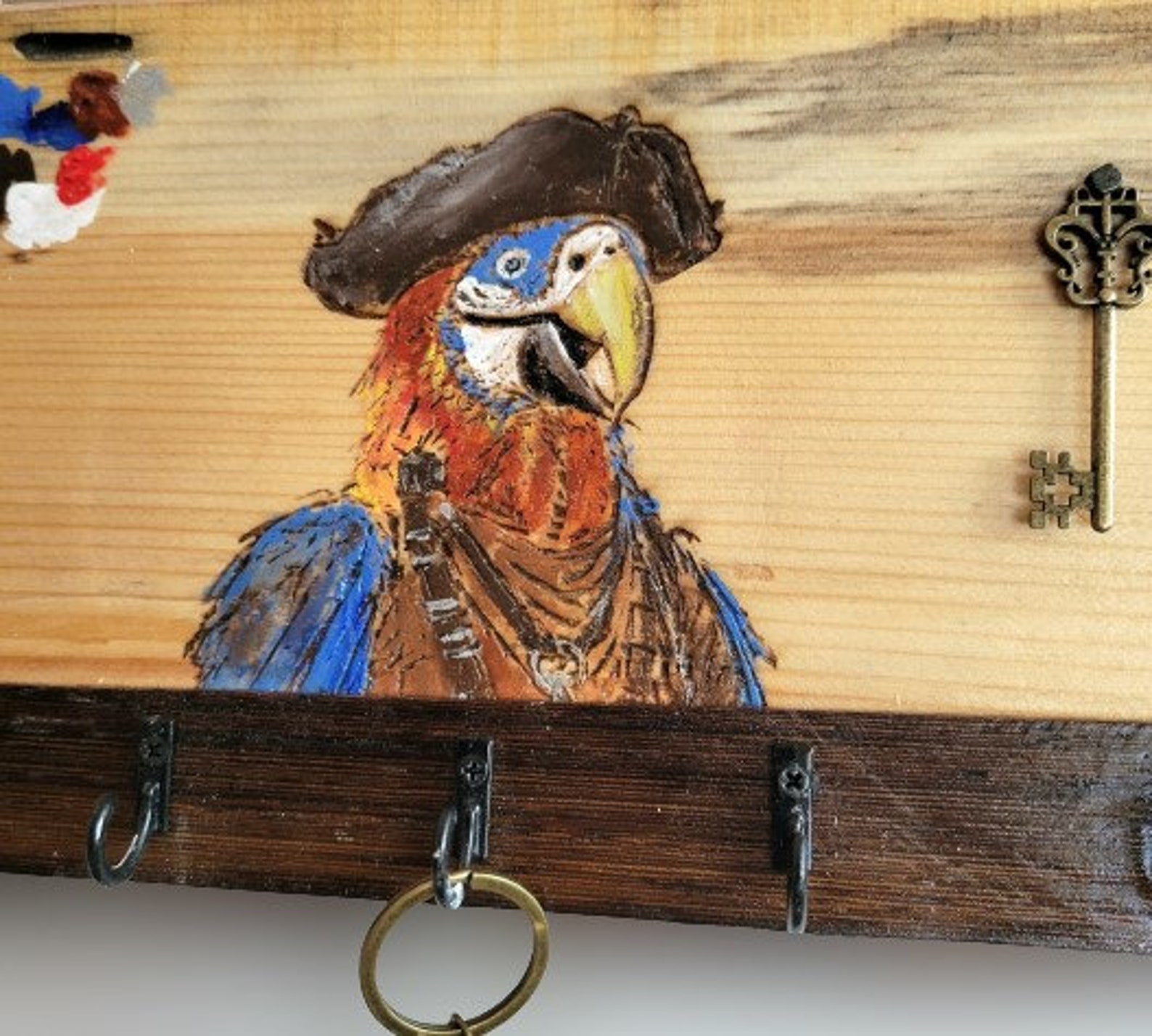 Engraved Key Holder Colorful Parrot, Skeleton Key, 5 Metal Key Hooks ...