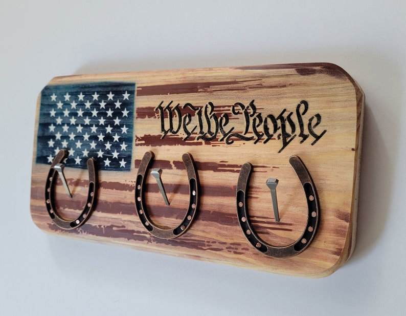 Patriotic Pine Wood Wall Keyholder for Entry. Antique Nails Holds 3 ...