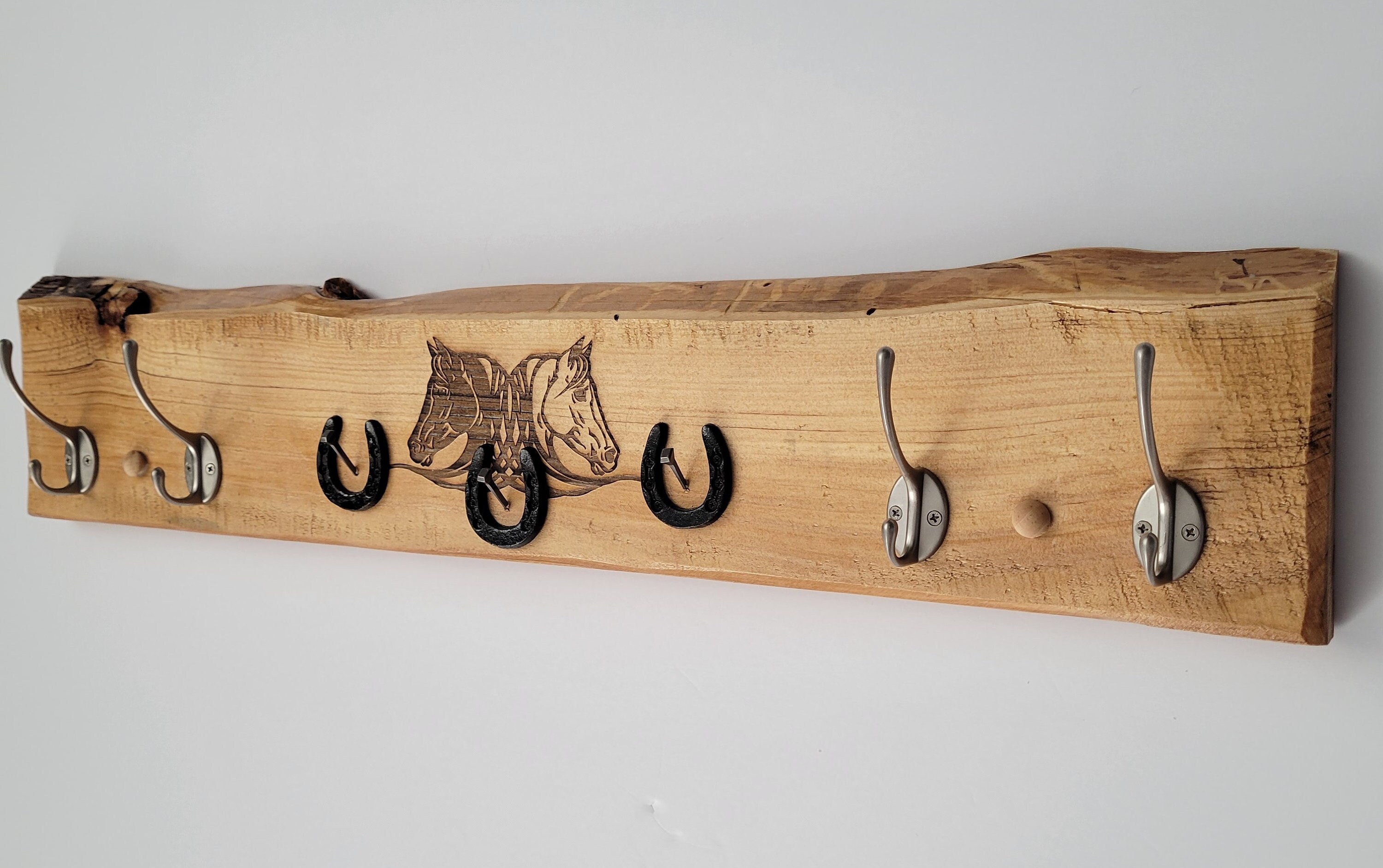Handcrafted Cedar Wood Coat Rack Keyholder 4 Silver Hooks Horseshoe ...