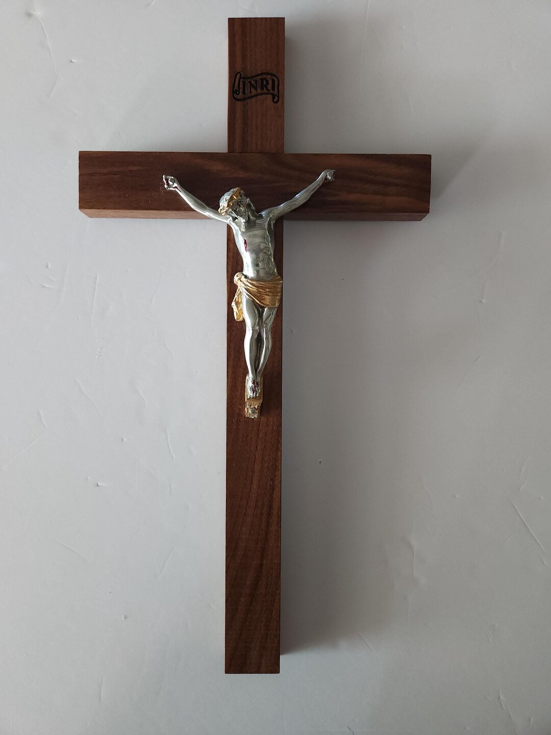 Large 17 Wall Crucifix Walnut Wood & Polished Pewter Catholic Christian ...