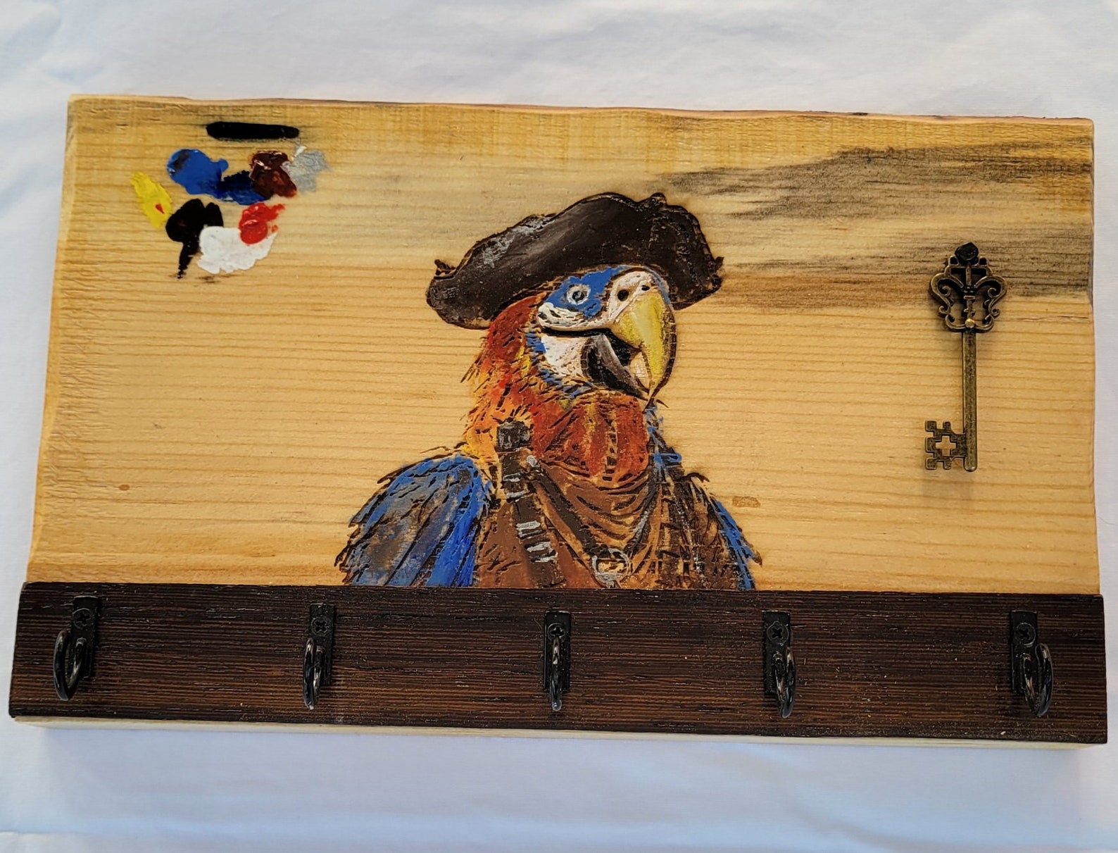 Engraved Key Holder Colorful Parrot, Skeleton Key, 5 Metal Key Hooks ...