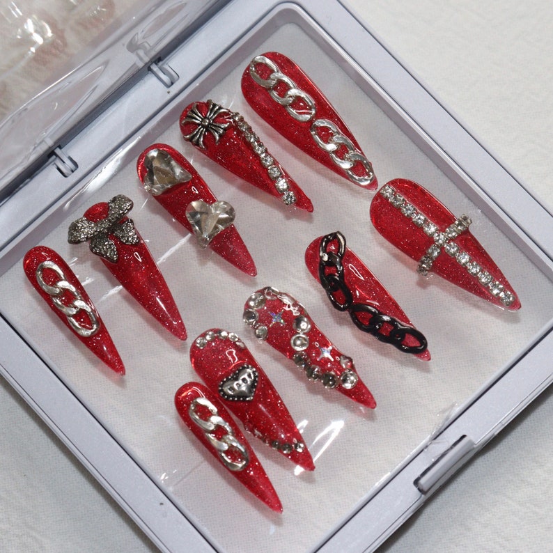 Red Gore Press on Nails Chain Bejeweled Nails Punk Gothic Emo Nails ...