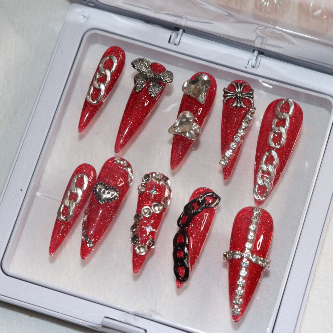 Red Gore Press on Nails Chain Bejeweled Nails Punk Gothic Emo Nails ...