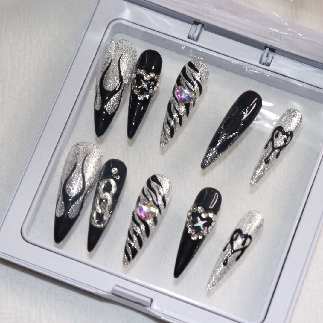 Black Flame French Tip Goth Nails Silver Chain Bejeweled Luxury Nails ...