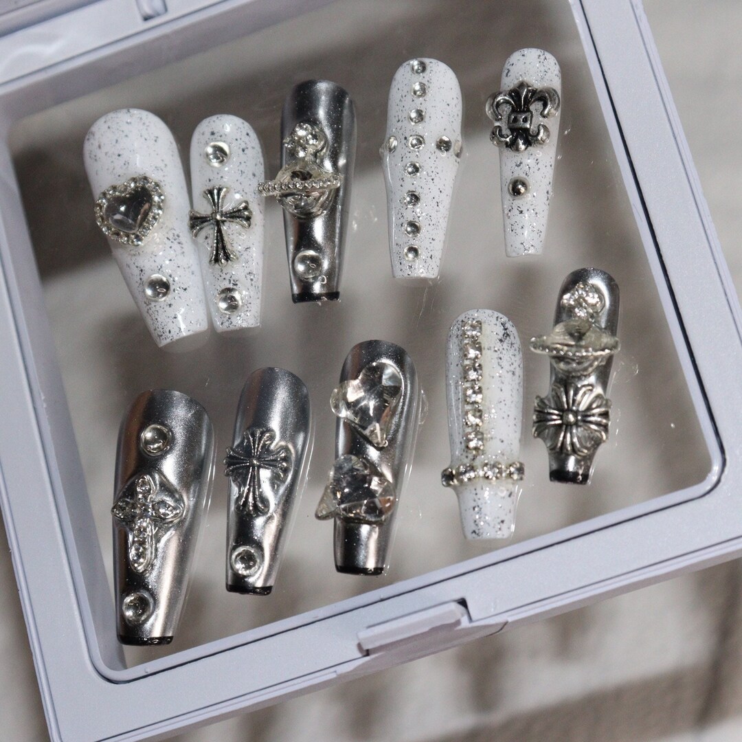Silver and White Gothic Nails Chrome Press on Nails Punk Luxury Party ...