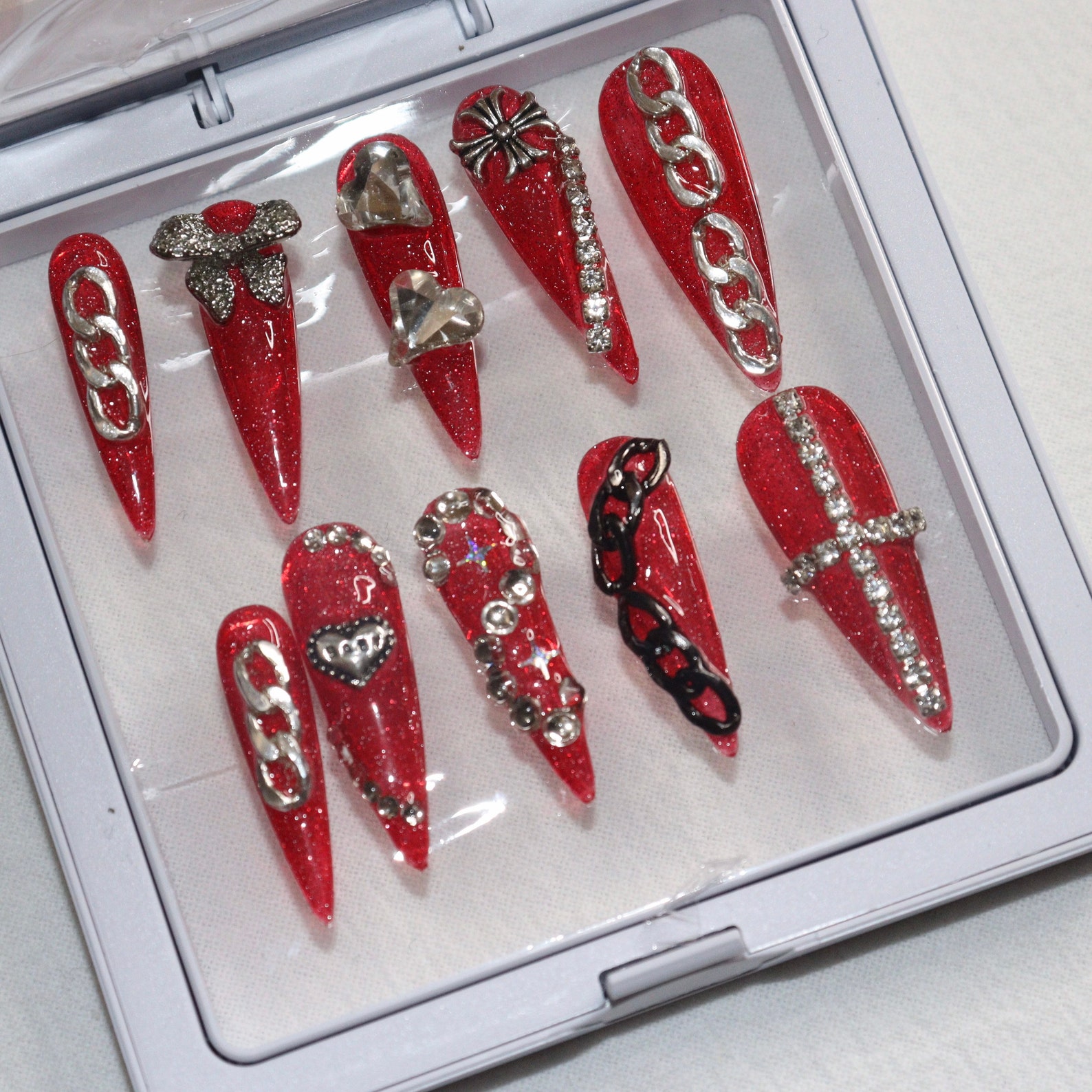 Red Gore Press on Nails Chain Bejeweled Nails Punk Gothic Emo Nails ...