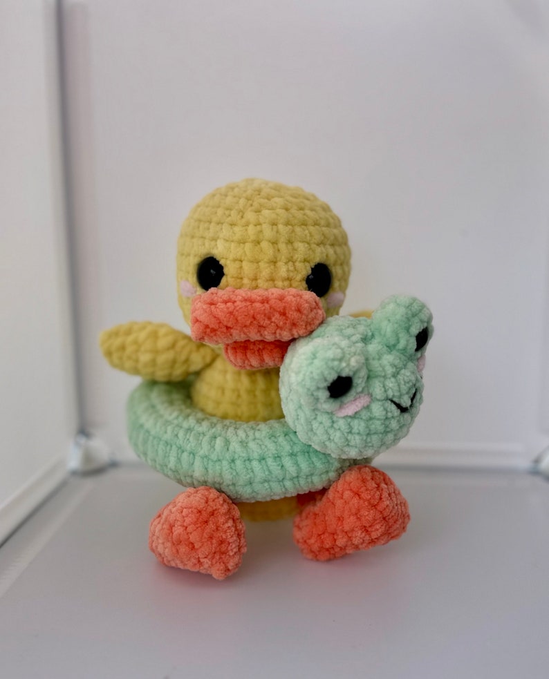 Handmade Crocheted Duck Plush With Frog Floatie: Soft Chenille Yarn - Etsy