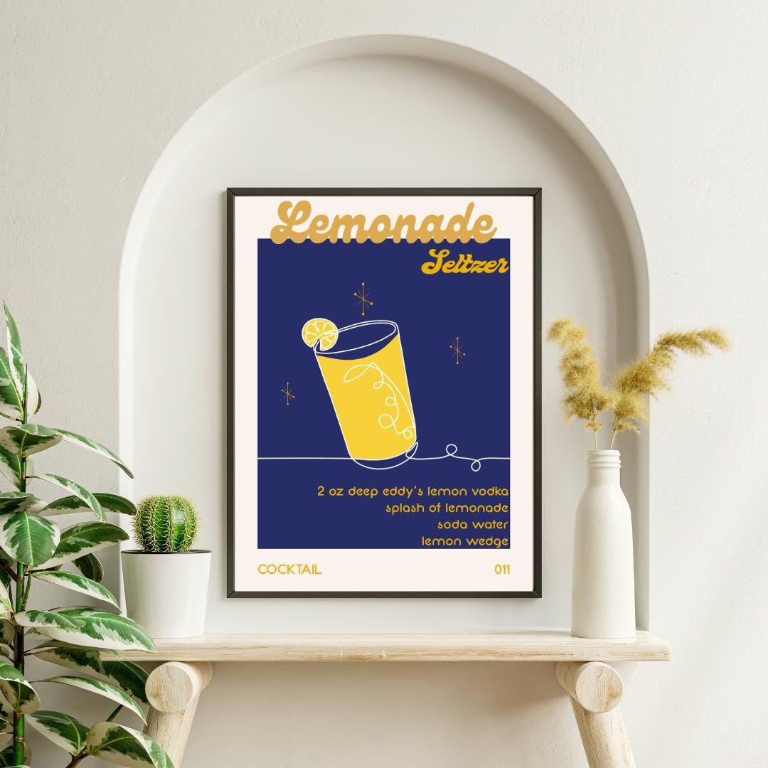 Lemonade Seltzer Line Art Print - Minimalist Bar Decor | Perfect Gift ...