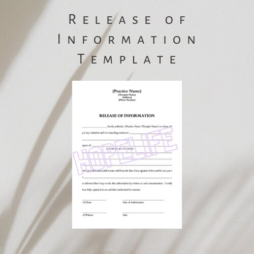 Release of Information Template Psychotherapists Private Practice - Etsy