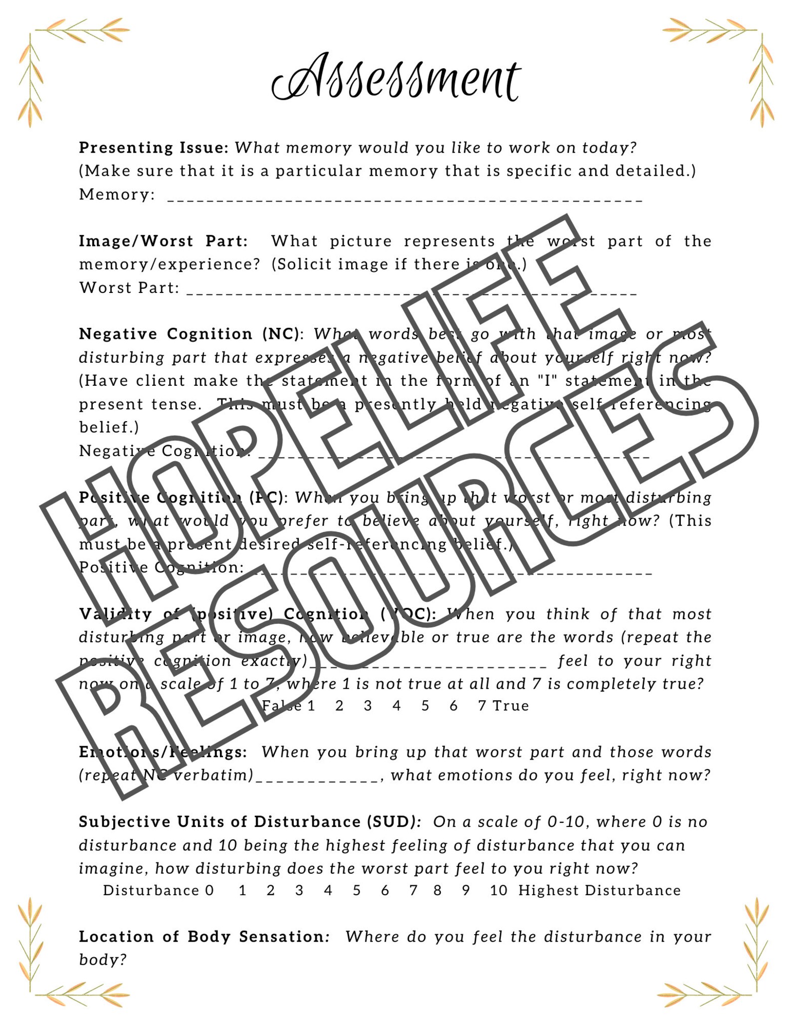 EMDR Assessment Worksheet With Script for Therapists - Phase 3 - Etsy