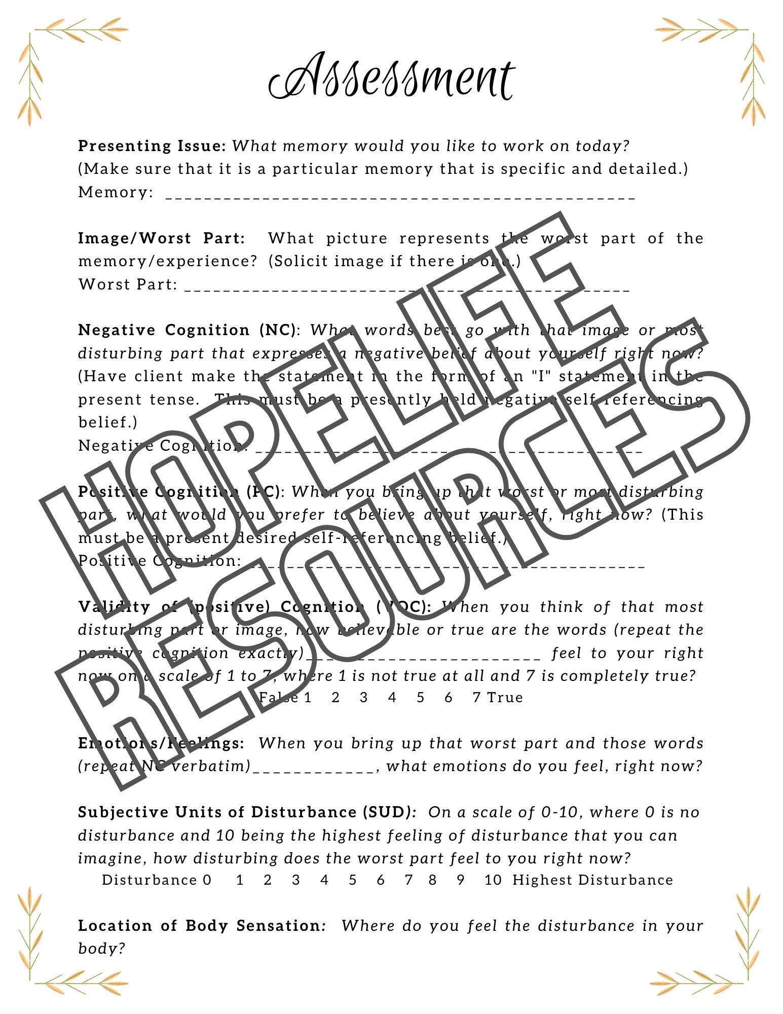 EMDR Assessment Worksheet With Script for Therapists - Phase 3 - Etsy