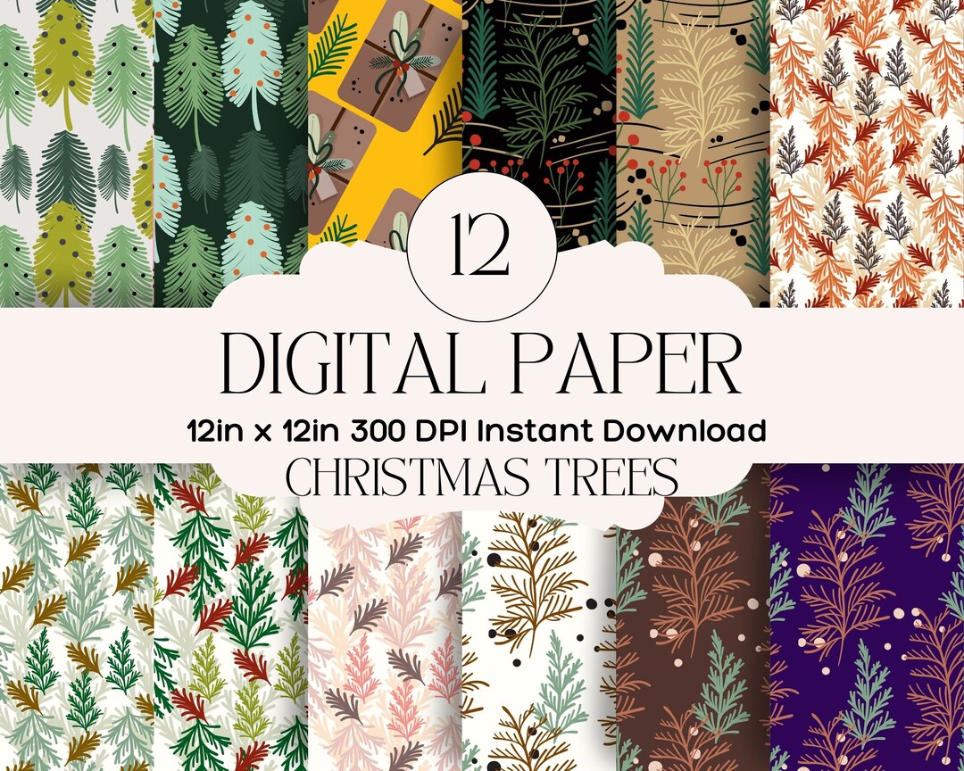 Christmas Trees Digital Paper Patterns, 12 Commercial Use Instant ...