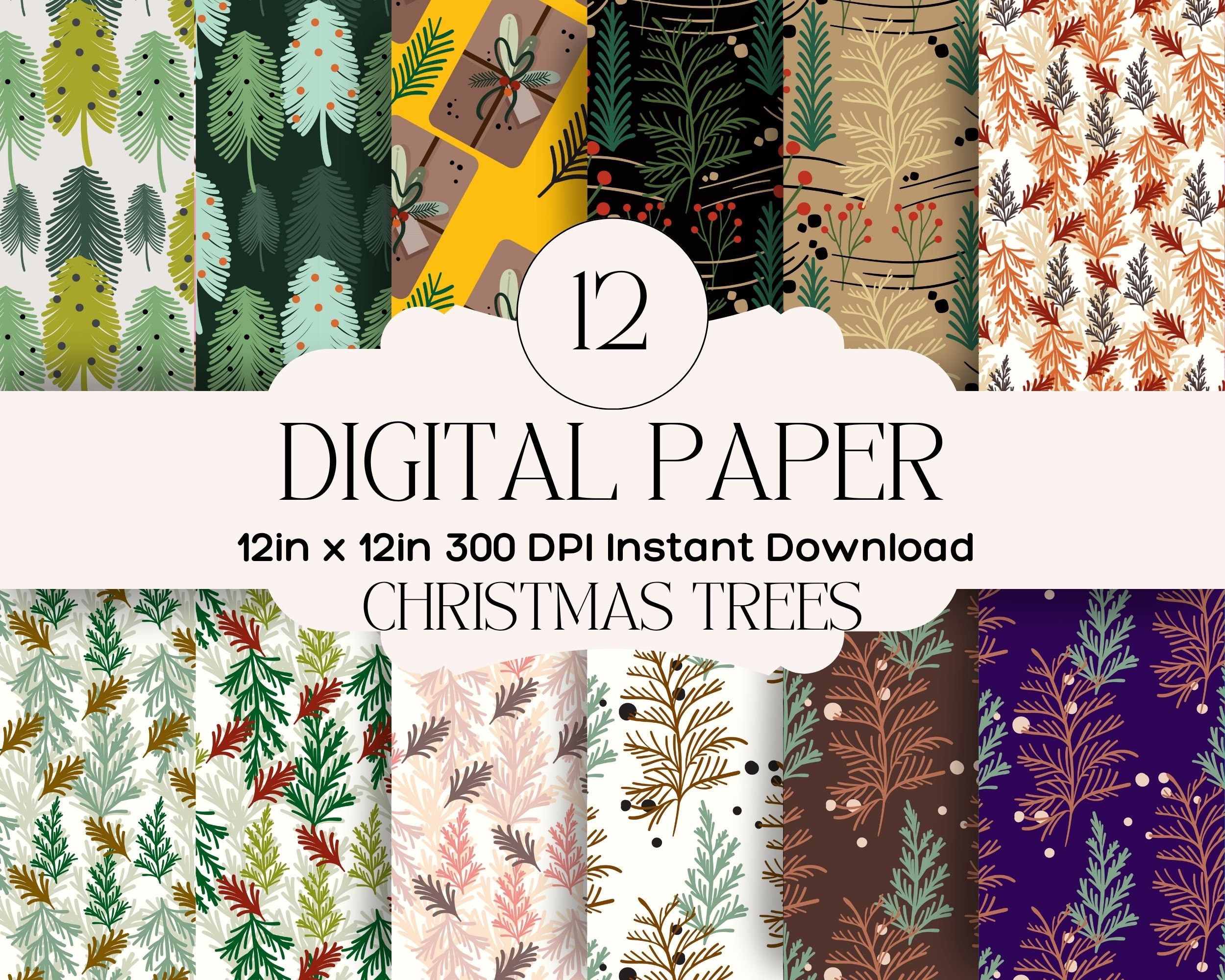 Christmas Trees Digital Paper Patterns, 12 Commercial Use Instant ...