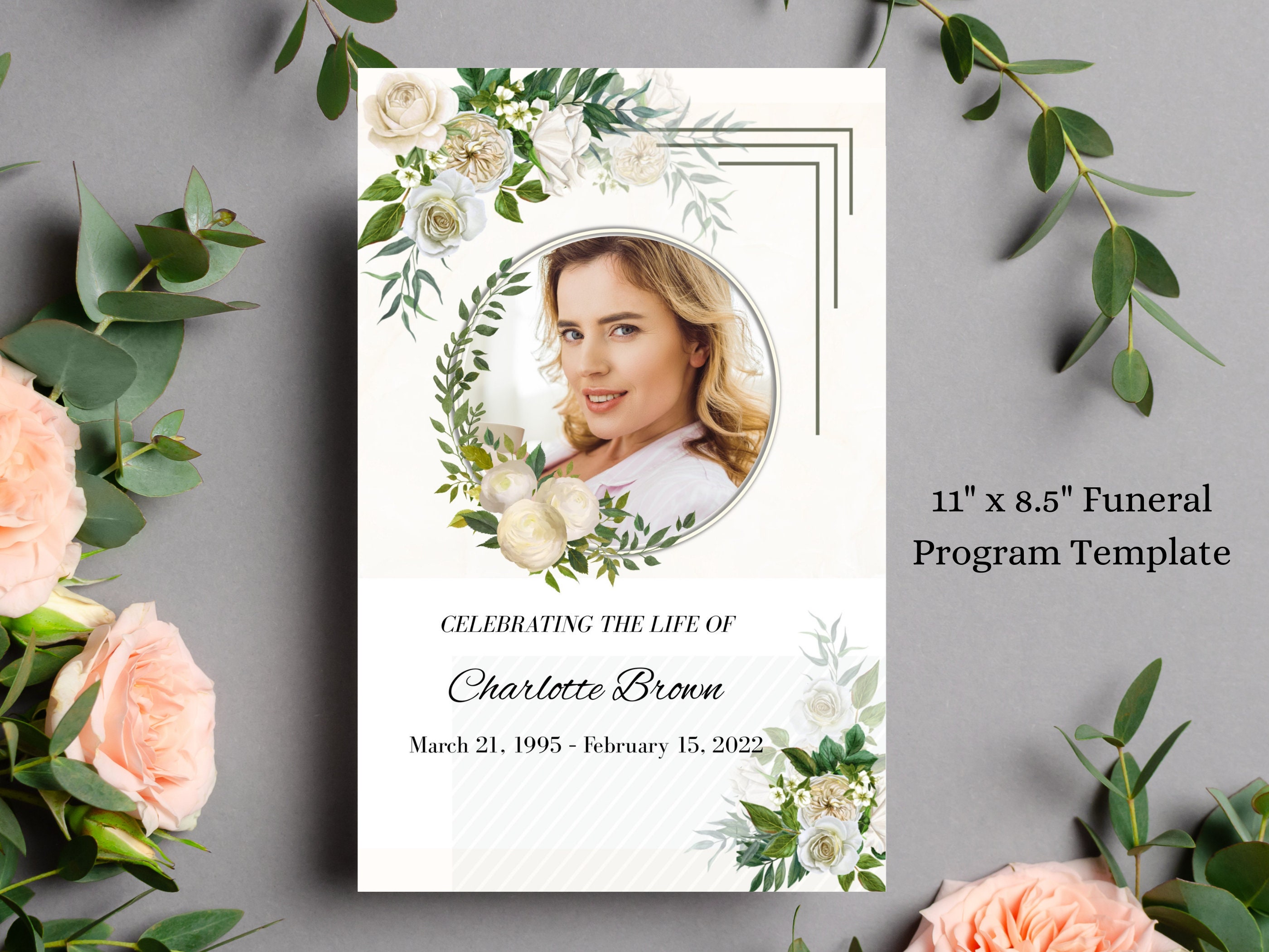 Elegant Funeral Program Template With White Roses Design on Canva ...