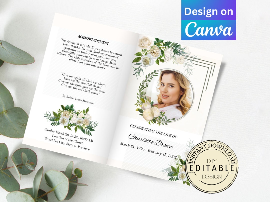 Elegant Funeral Program Template With White Roses Design on Canva ...