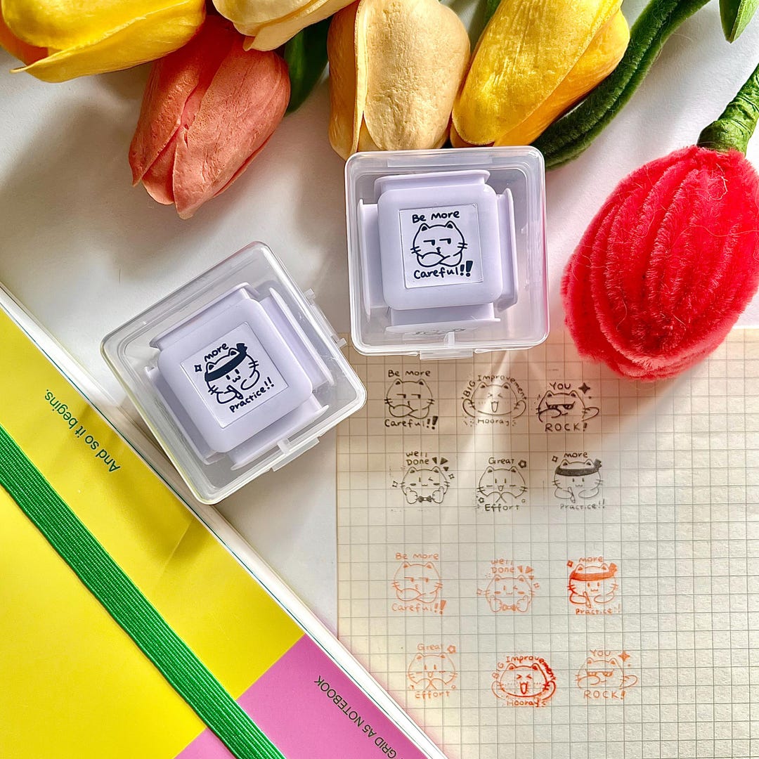 Teach 'n' Purr Six-sided Stamp, Cute Cat Teacher Motivation Feedback ...