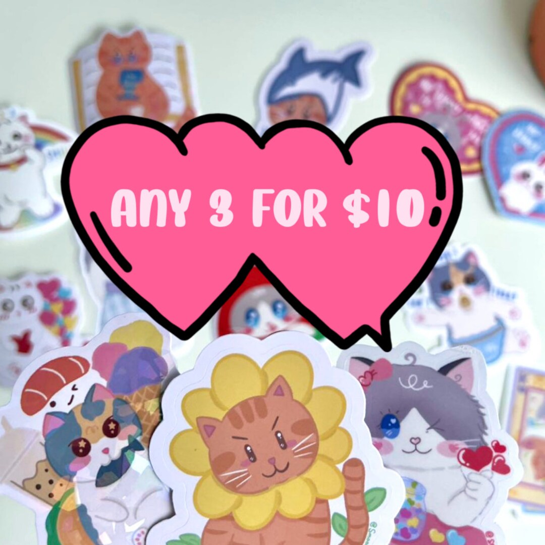 Any 3 for 10 | Cute Cat Sticker Pack | Water-resistant Glossy ...