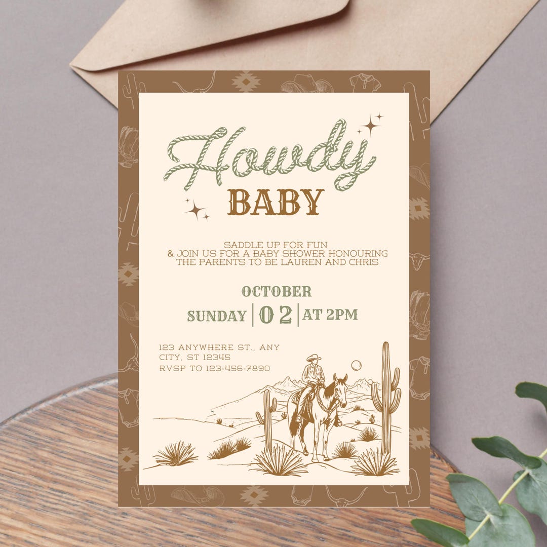 Howdy Baby Invitation Template | Editable Boy Baby Shower Theme ...