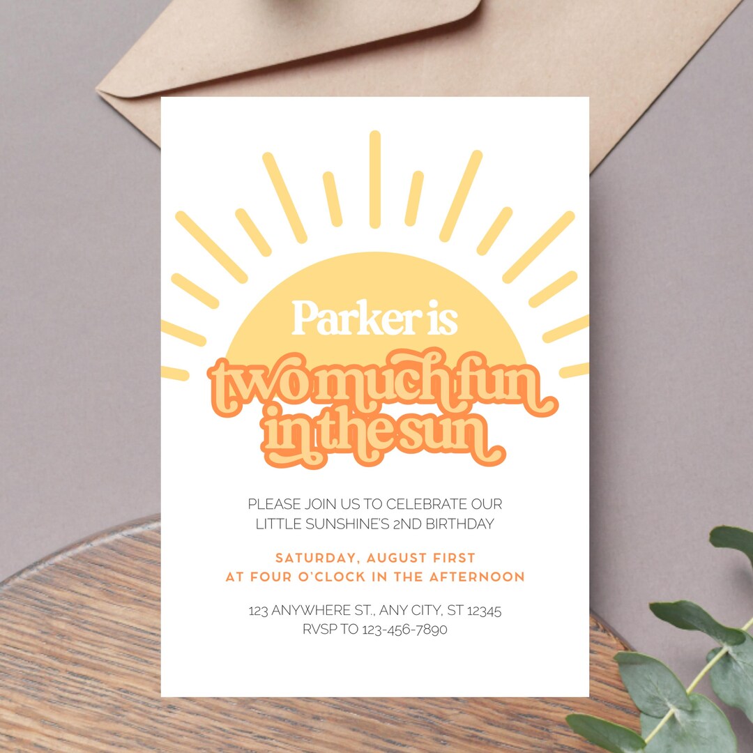 Two Much Fun in the Sun 2nd Birthday Invitation Template, Editable ...