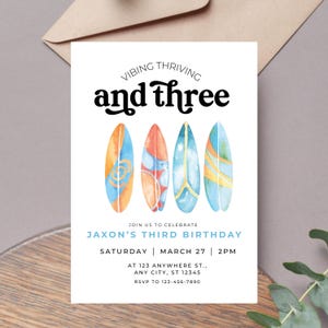 Vibing, Thriving & 3 Surf Wave 3rd Birthday Invitation Template ...