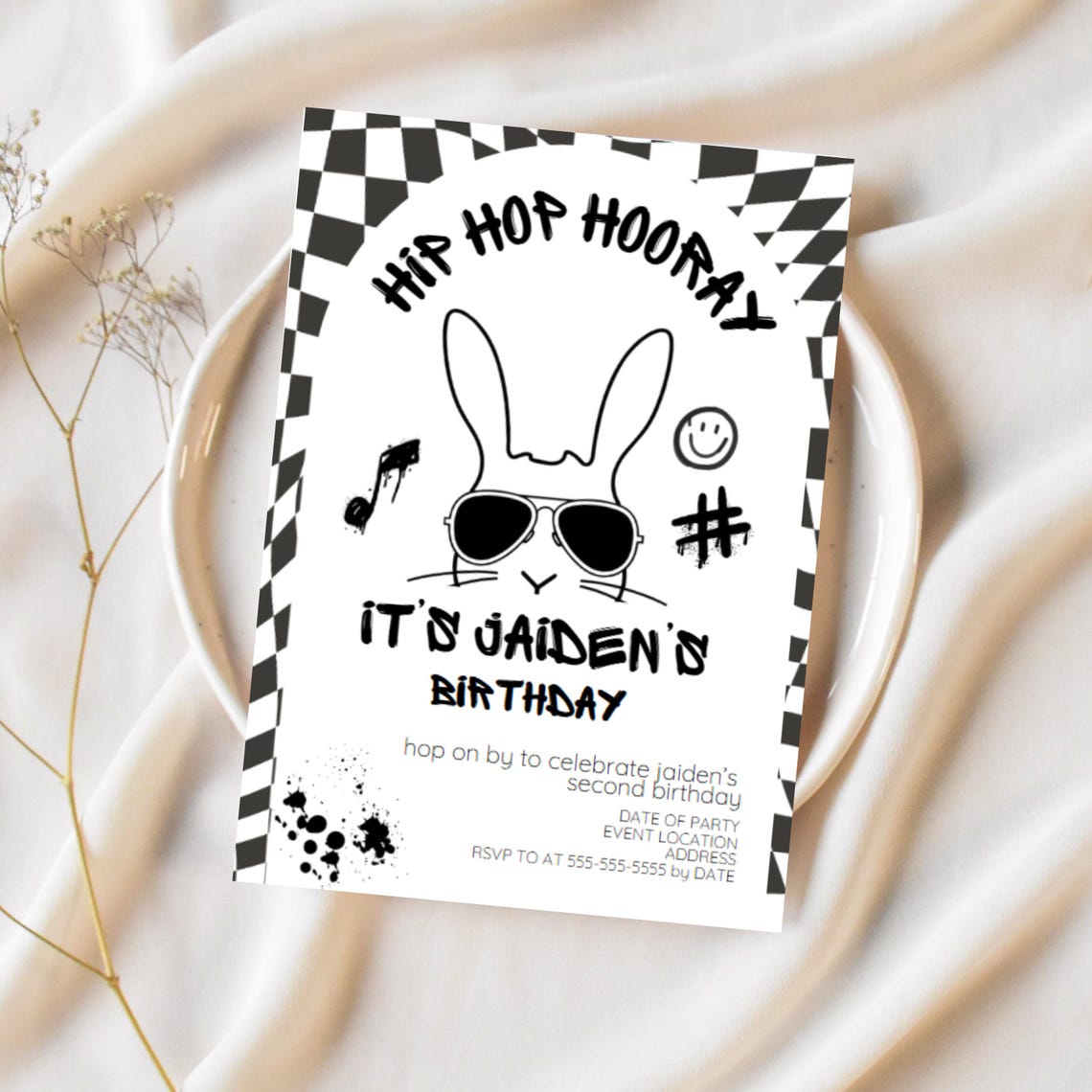 Hip Hop Hooray Bunny Invitation Template | Editable Easter Birthday ...