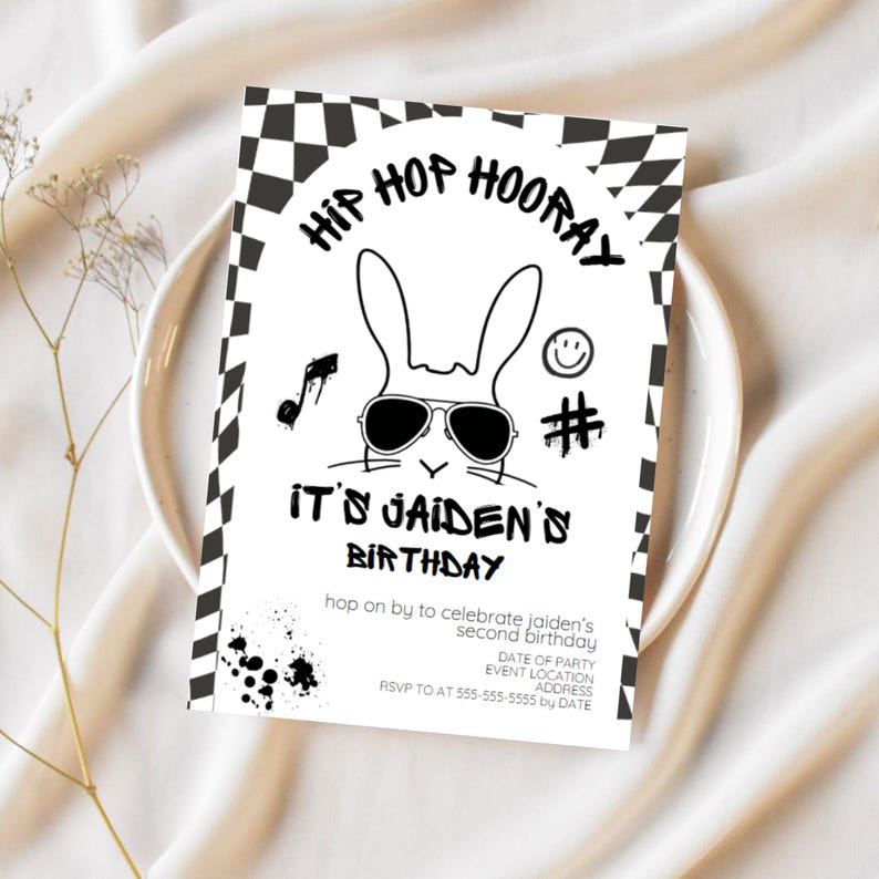 Hip Hop Hooray Bunny Invitation Template | Editable Easter Birthday ...