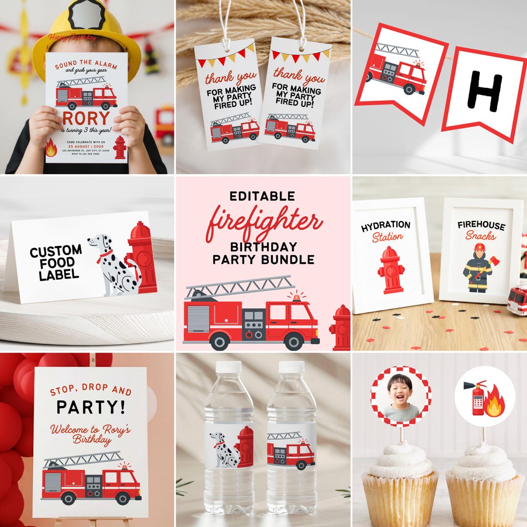 Firefighter Birthday Bundle Invitation Thank You Tags Party Signs ...