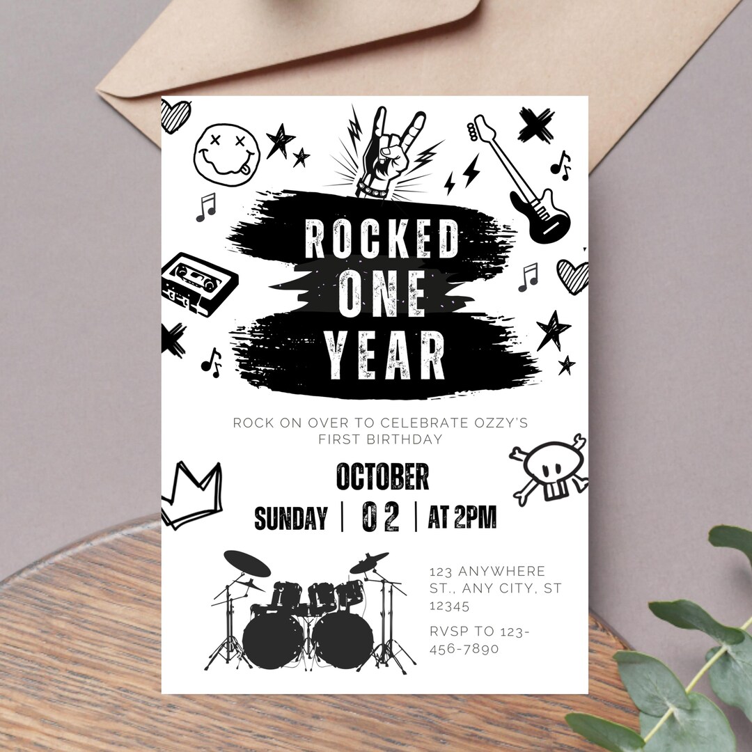Rocked One Year Rock & Roll Invitation Template | Editable One 1st ...