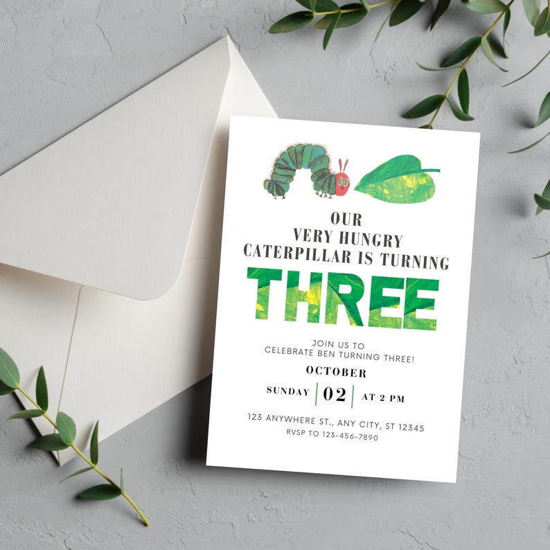 Invitación moderna editable para el tercer cumpleaños de La Oruga Muy ...