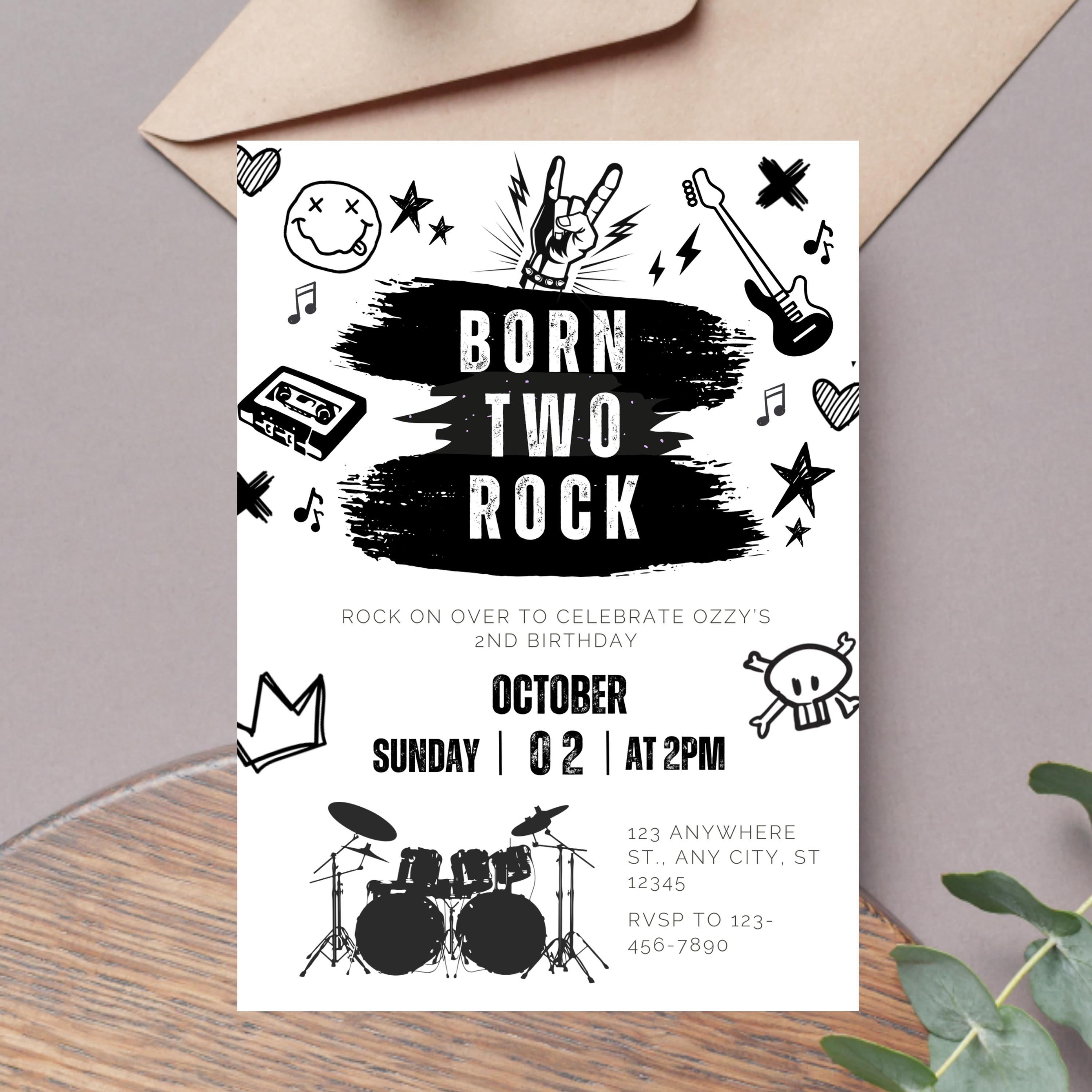 Born 2 Rock & Roll Invitation Template | Editable Second 2nd Birthday ...
