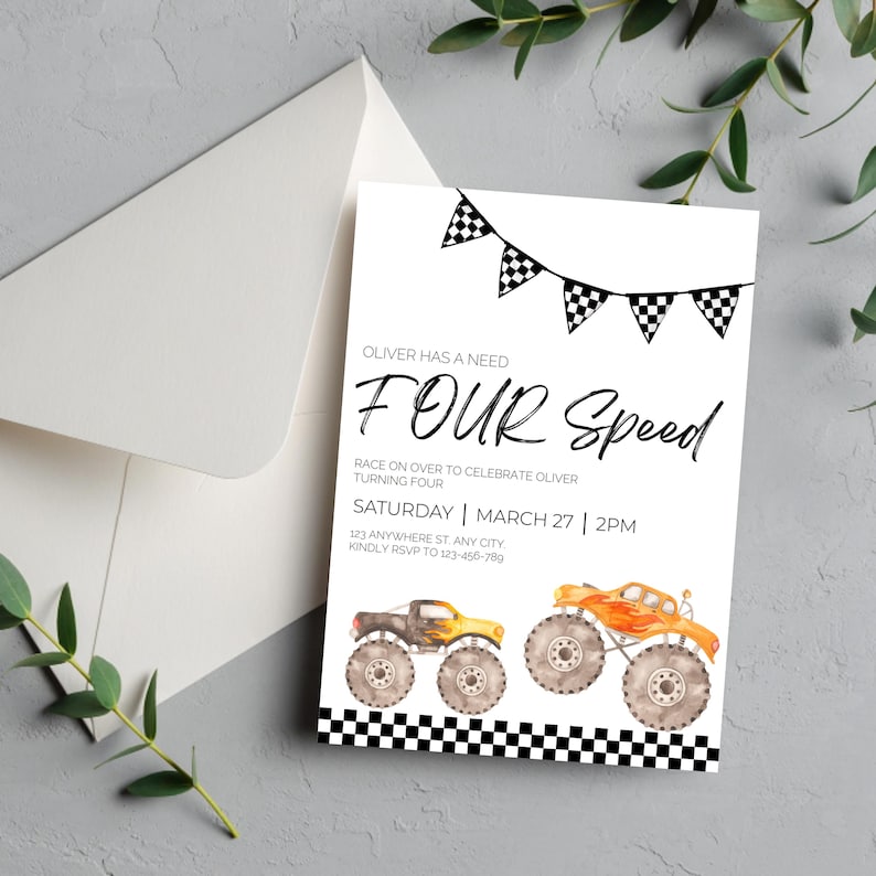 Need Four Speed Monster Truck 4th Birthday Invitation Template Editable ...