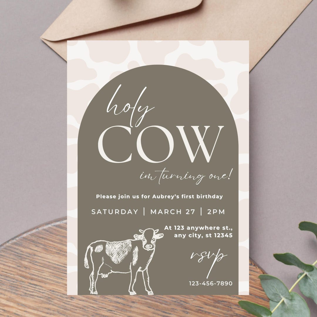 Holy Cow I'm One Invitation Template | Editable Neutral Cow First 1st ...