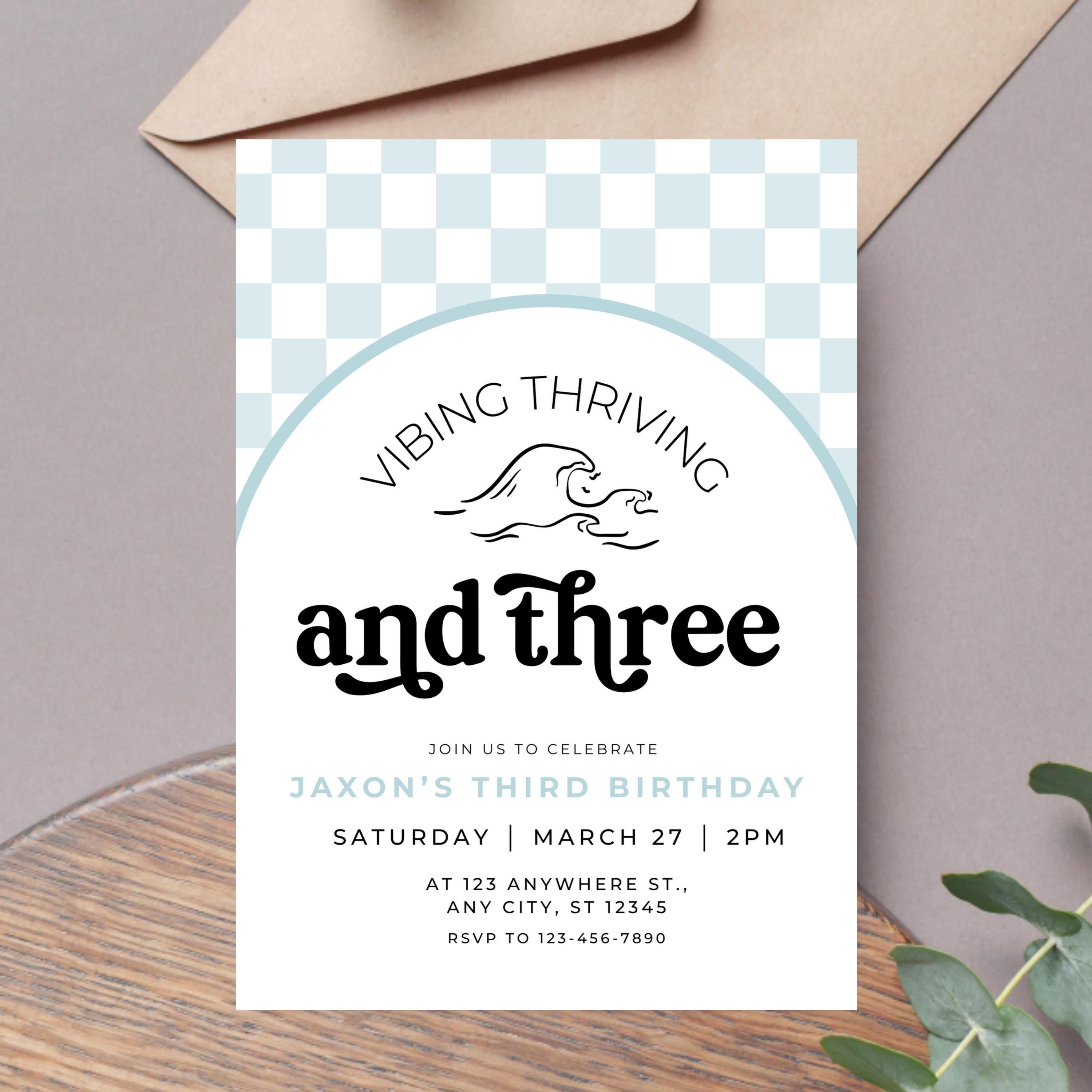 Vibing, Thriving & 3 Surf Wave 3rd Birthday Invitation Template ...