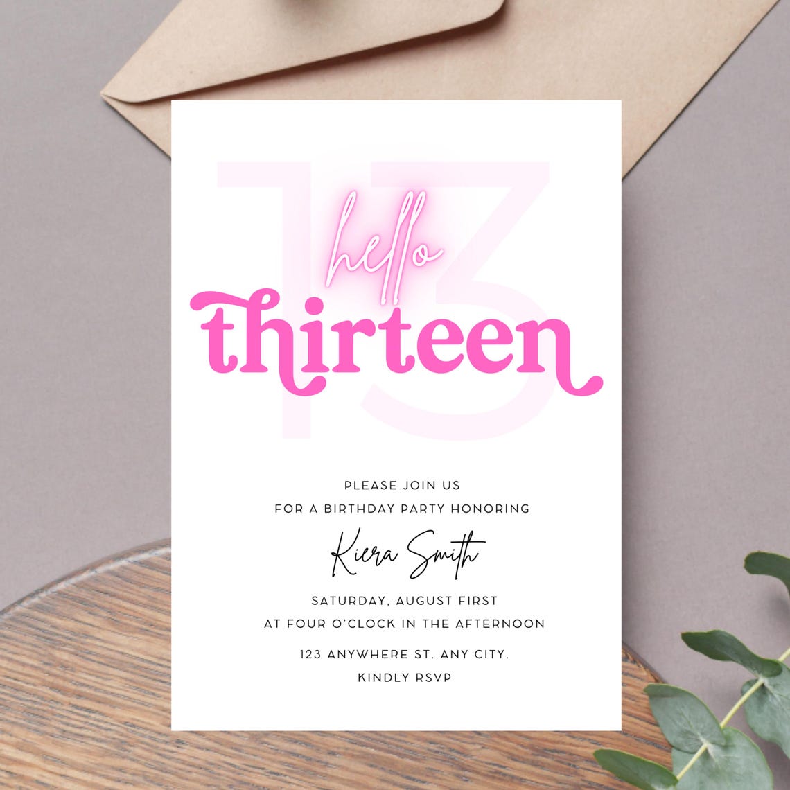 Modern Neon Pink Thirteen 13th Birthday Invitation Template | Editable ...