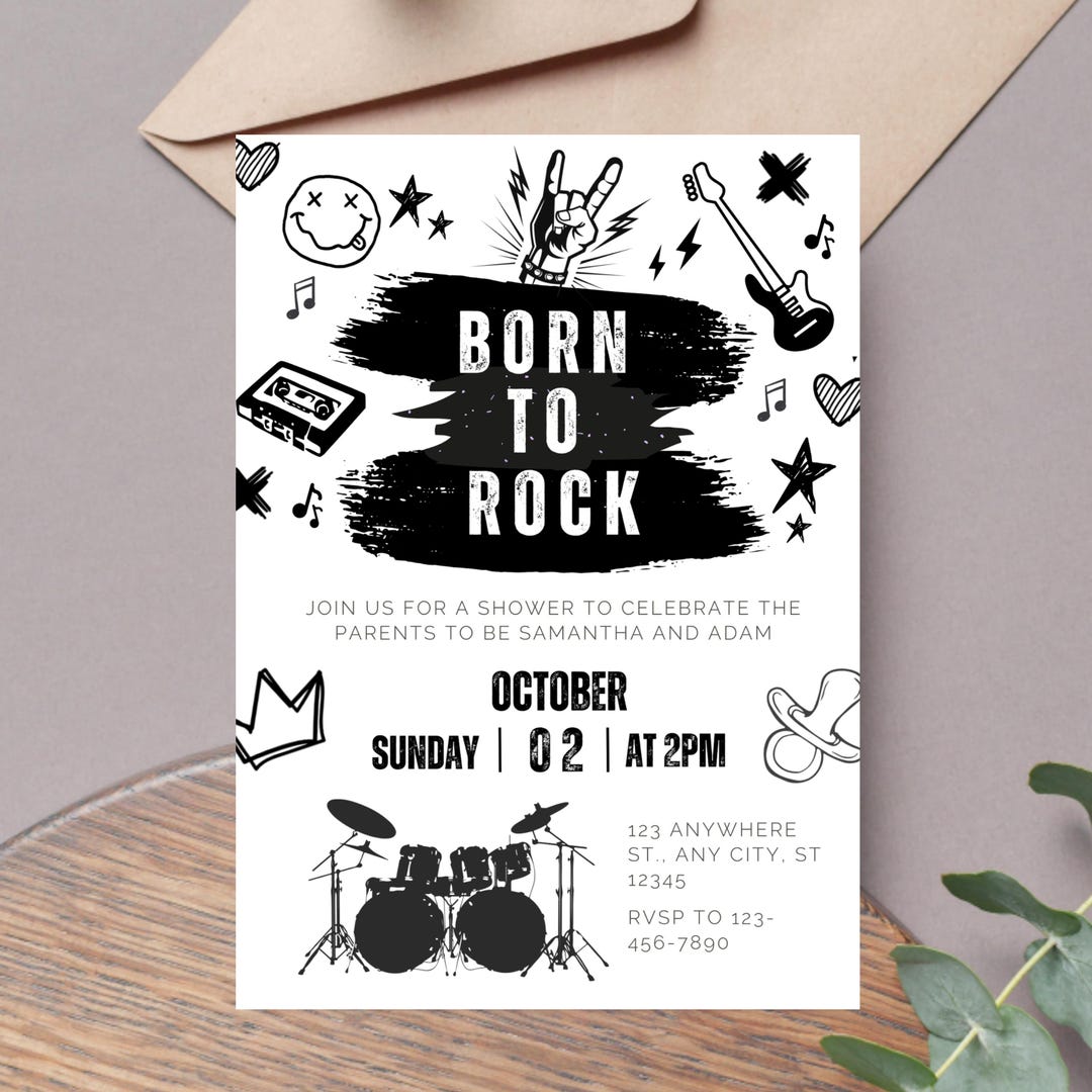 Born to Rock & Roll Invitation Template | Editable Baby Shower Theme ...
