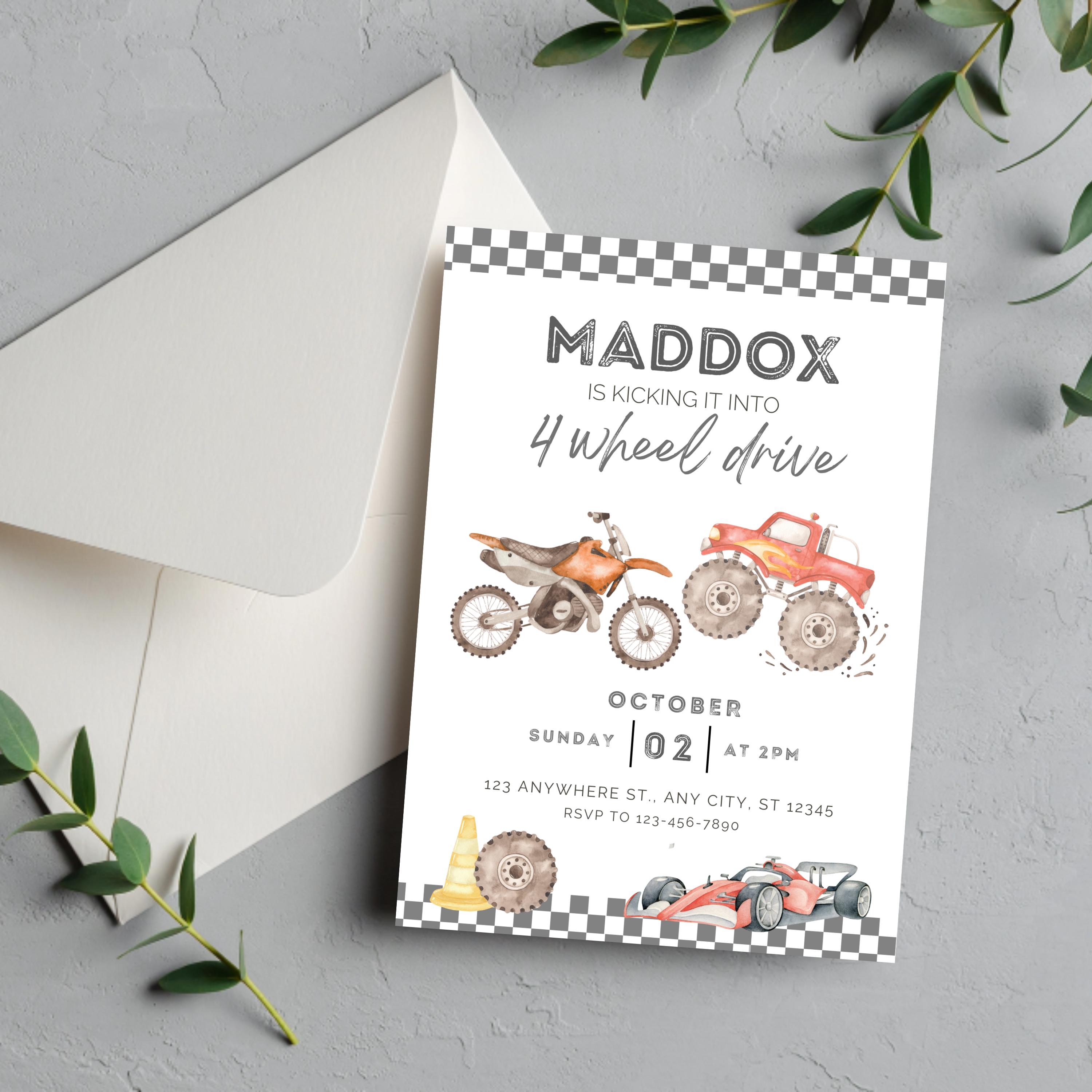 4 Wheel Drive Race Car Bike Monster Truck 4th Birthday Invitation ...