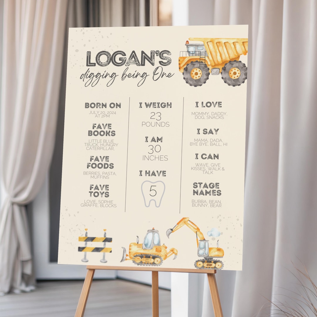 Construction First Year Facts Poster Template Editable Boy 1st Party ...