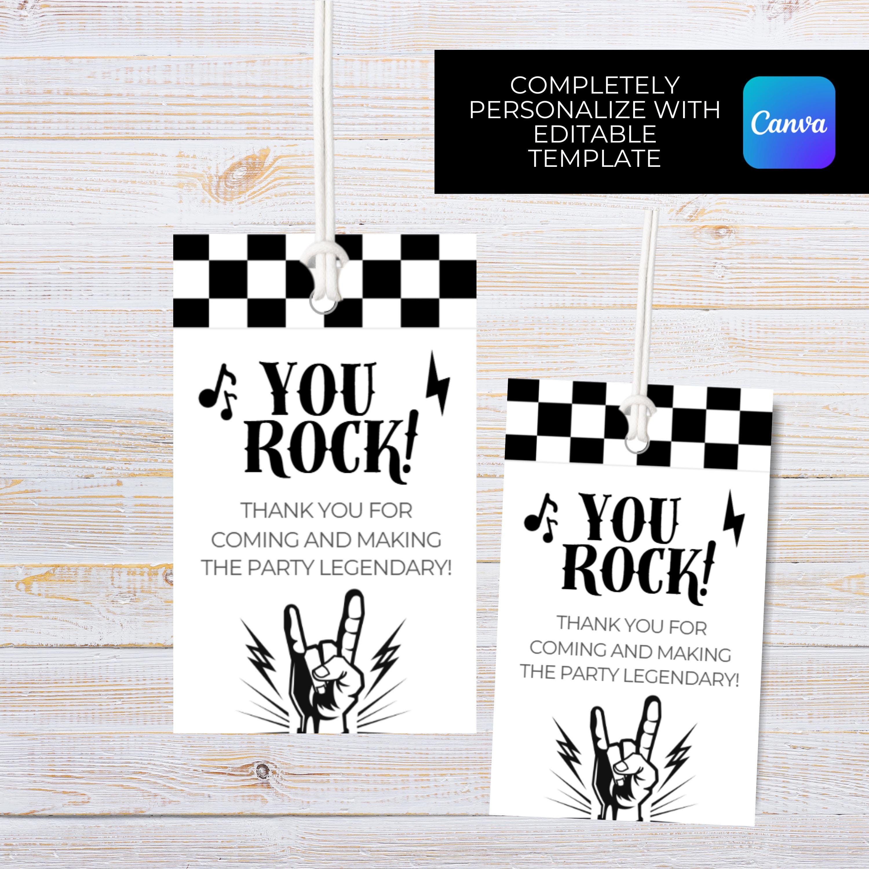 Rock & Roll Favor Thank You Tag Template | Editable Birthday Theme ...