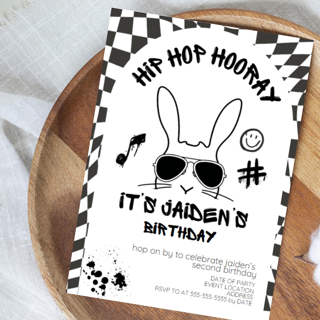 Hip Hop Hooray Bunny Invitation Template | Editable Easter Birthday ...