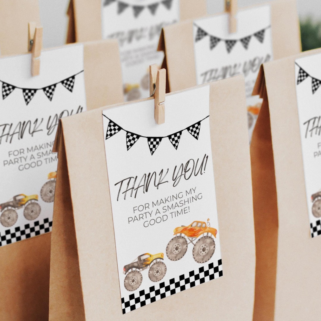 Monster Truck Birthday Thank You Favor Loot Bag Tags Template Editable ...