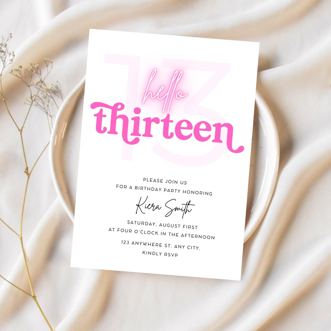 Modern Neon Pink Thirteen 13th Birthday Invitation Template | Editable ...