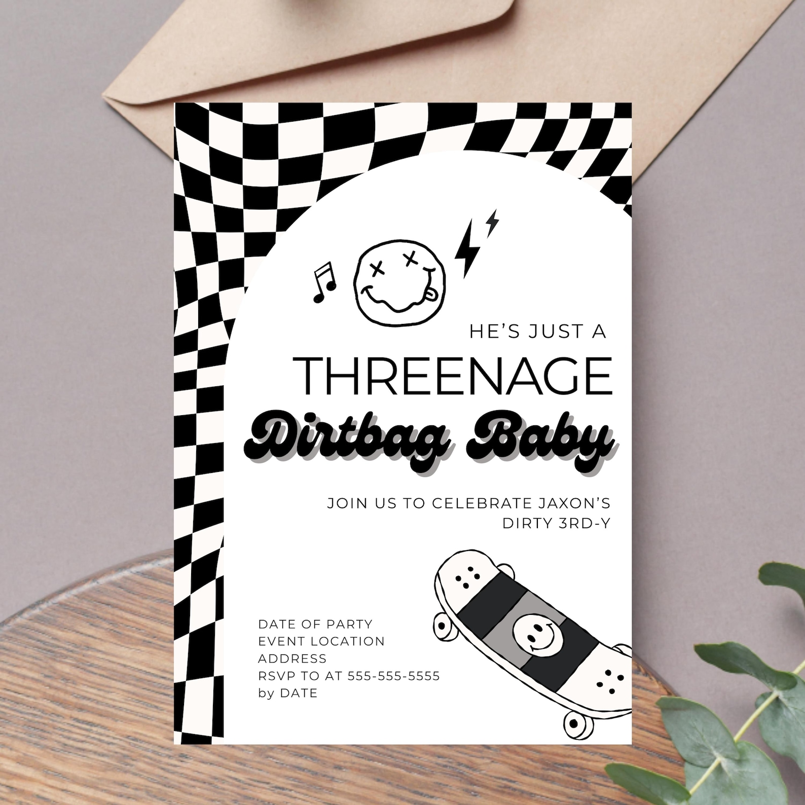 Threenage Dirtbag Baby 3rd Birthday Invitation Template Editable Punk ...