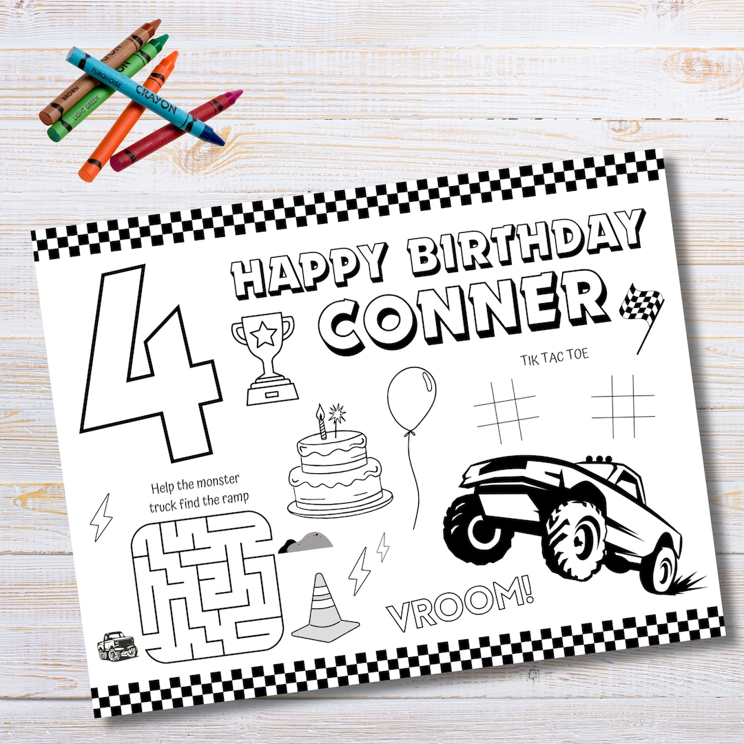 Monster Truck Birthday Activity Coloring Page Template Editable Jam ...