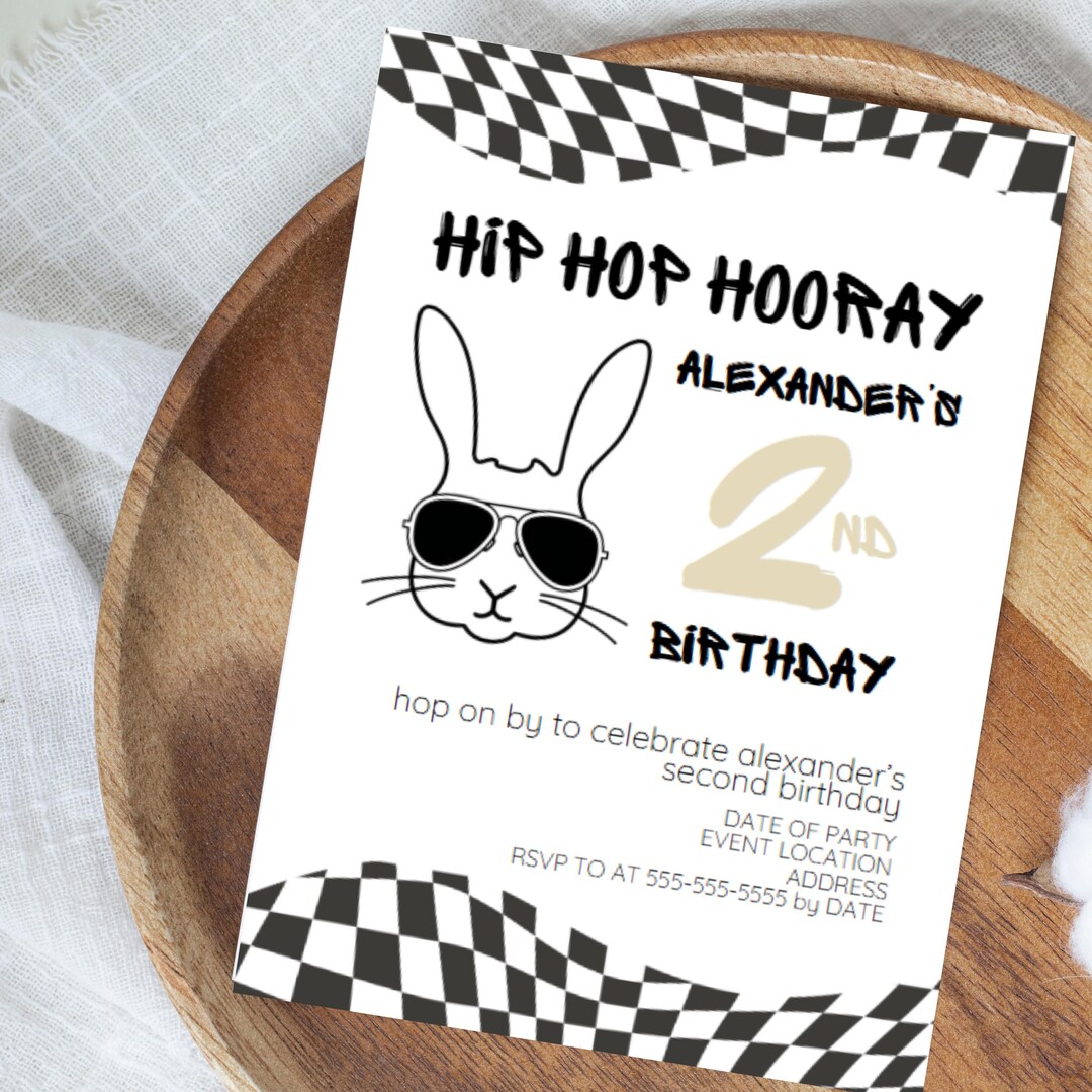 Hip Hop Hooray Bunny Invitation Template | Editable Easter Birthday ...