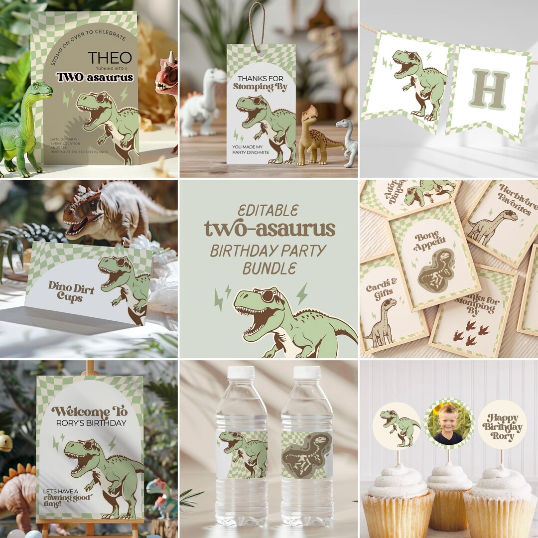 Twoasaurus Dinosaur Birthday Bundle Invitation Thank You Tags Party ...