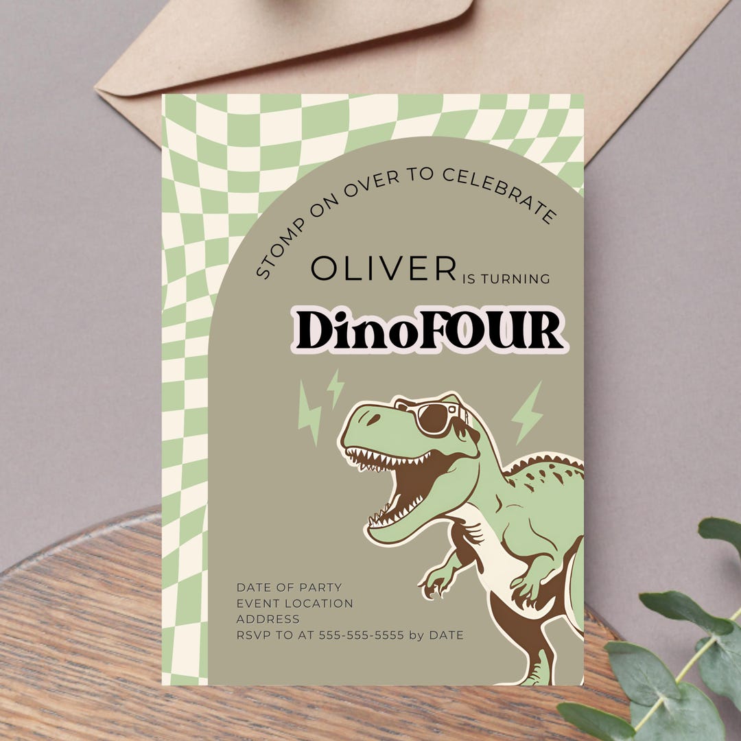 Dinofour Dinosaur Birthday Invitation Template Editable Boy 4th ...
