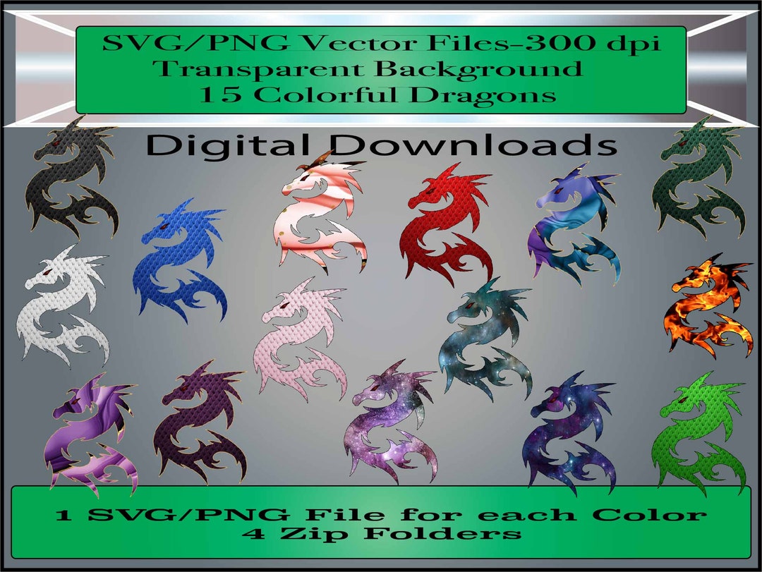 Dragon SVG/PNG Files - Set of 15 Colorful Dragons - Clipart Files - Etsy