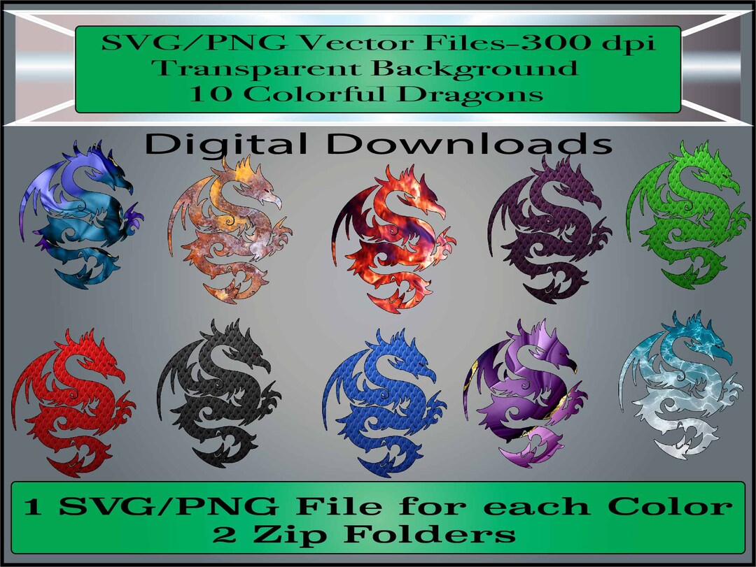 Dragon SVG-PNG Files - Set of 10 Colorful Dragons - Dragon Clipart - Etsy