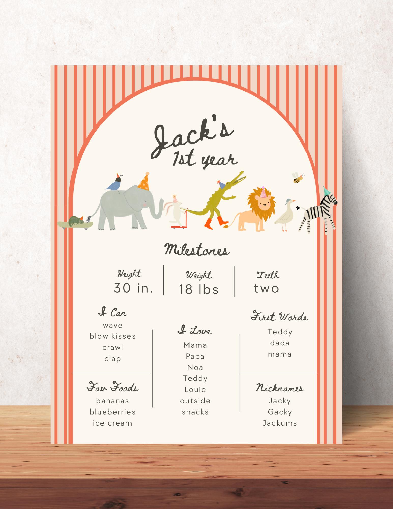 Vintage Animal Birthday Milestones Chart: Editable PDF Template ...