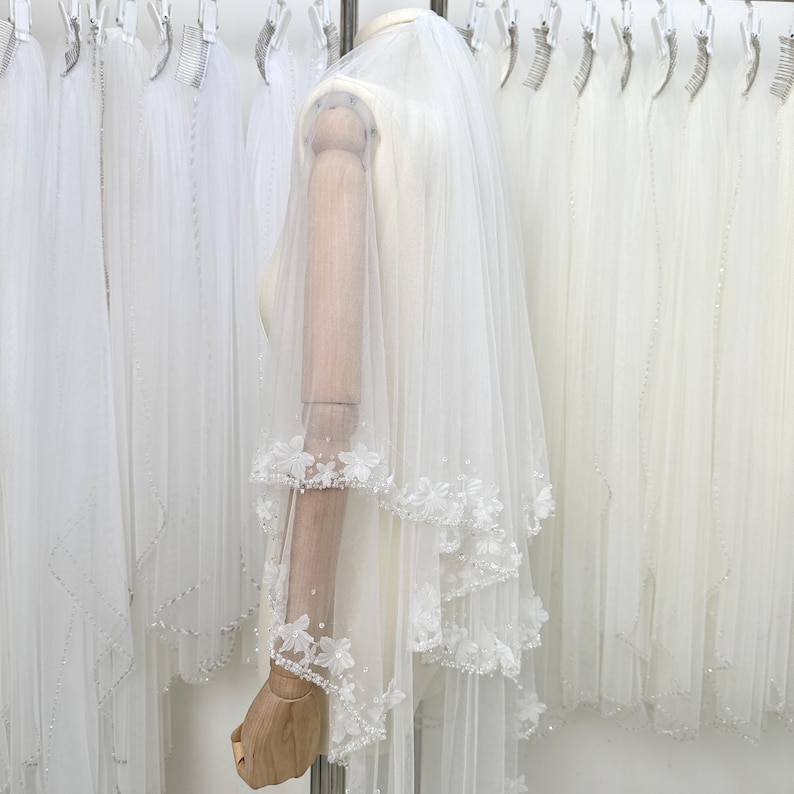 Flower Wedding Veil,2 Tier Wedding Veil,beaded Edge Bridal Veil,bridal ...